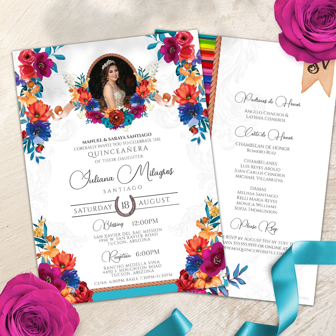 Fiesta Floral Charro Quinceanera Invite, Serape & Colorful Floral, Add ...
