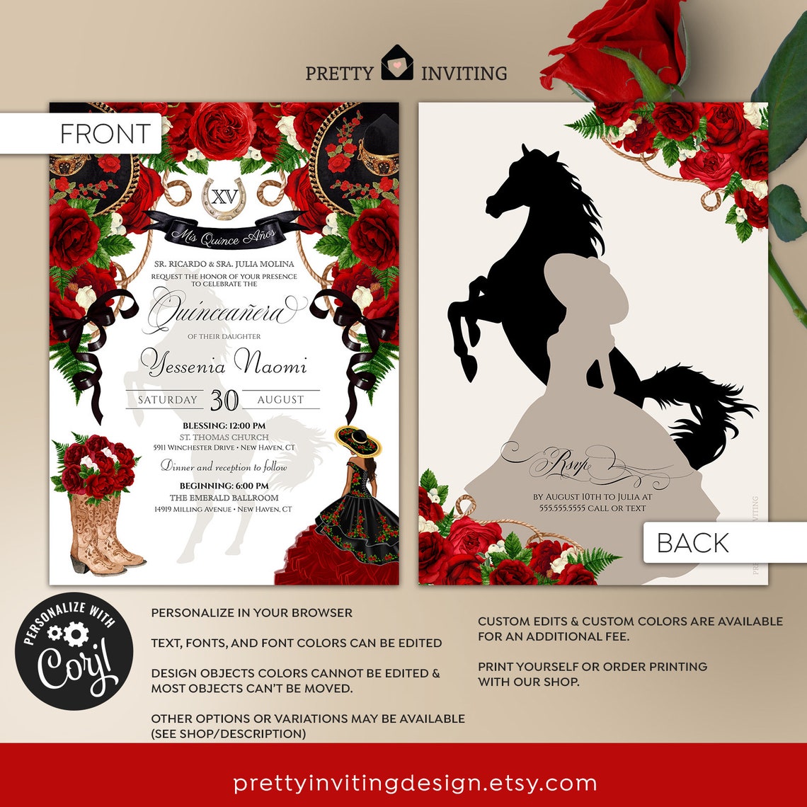 Mariachi Black and Red Charro Elegant Floral Quince Birthday Invite ...