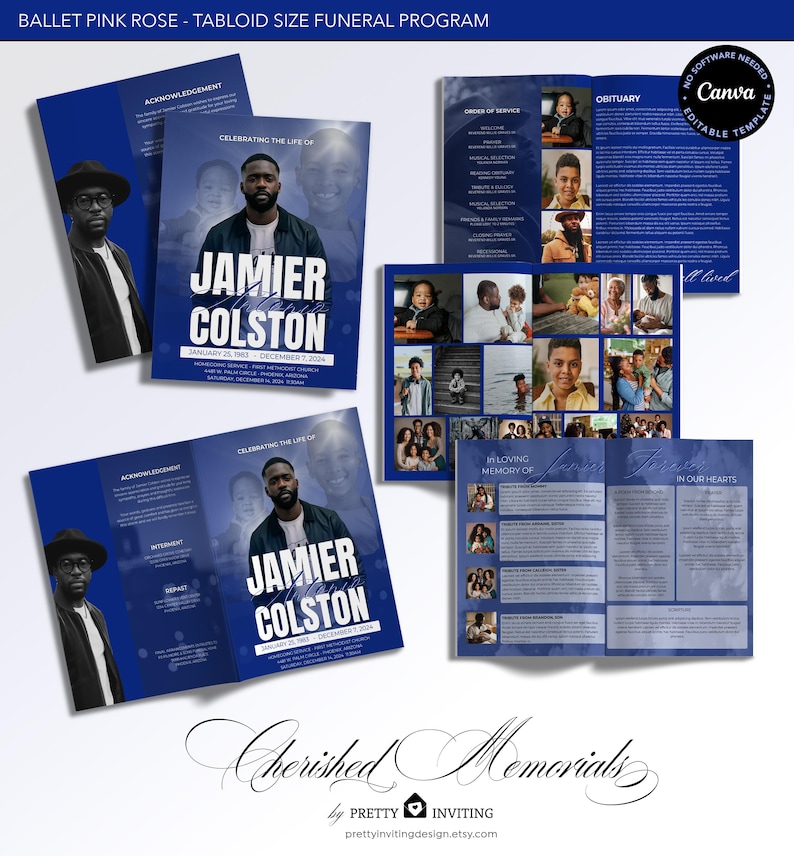 Funeral Memorial Program Booklet, Modern Masculine Obituary, Royal Blue ...