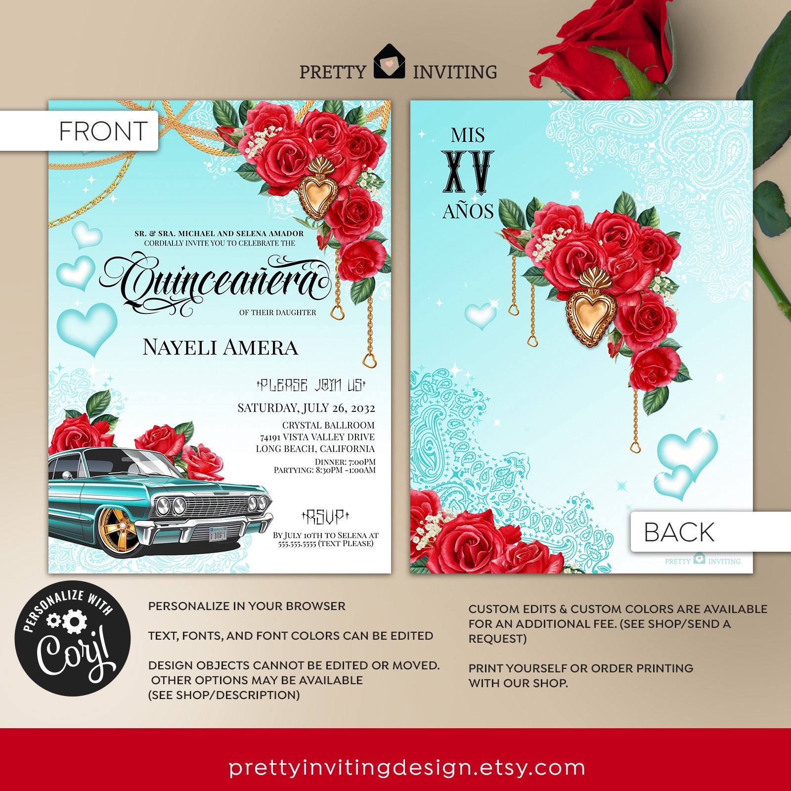 Lowrider Chicana Quinceanera Invitation, Red Rose & Light Blue Low ...