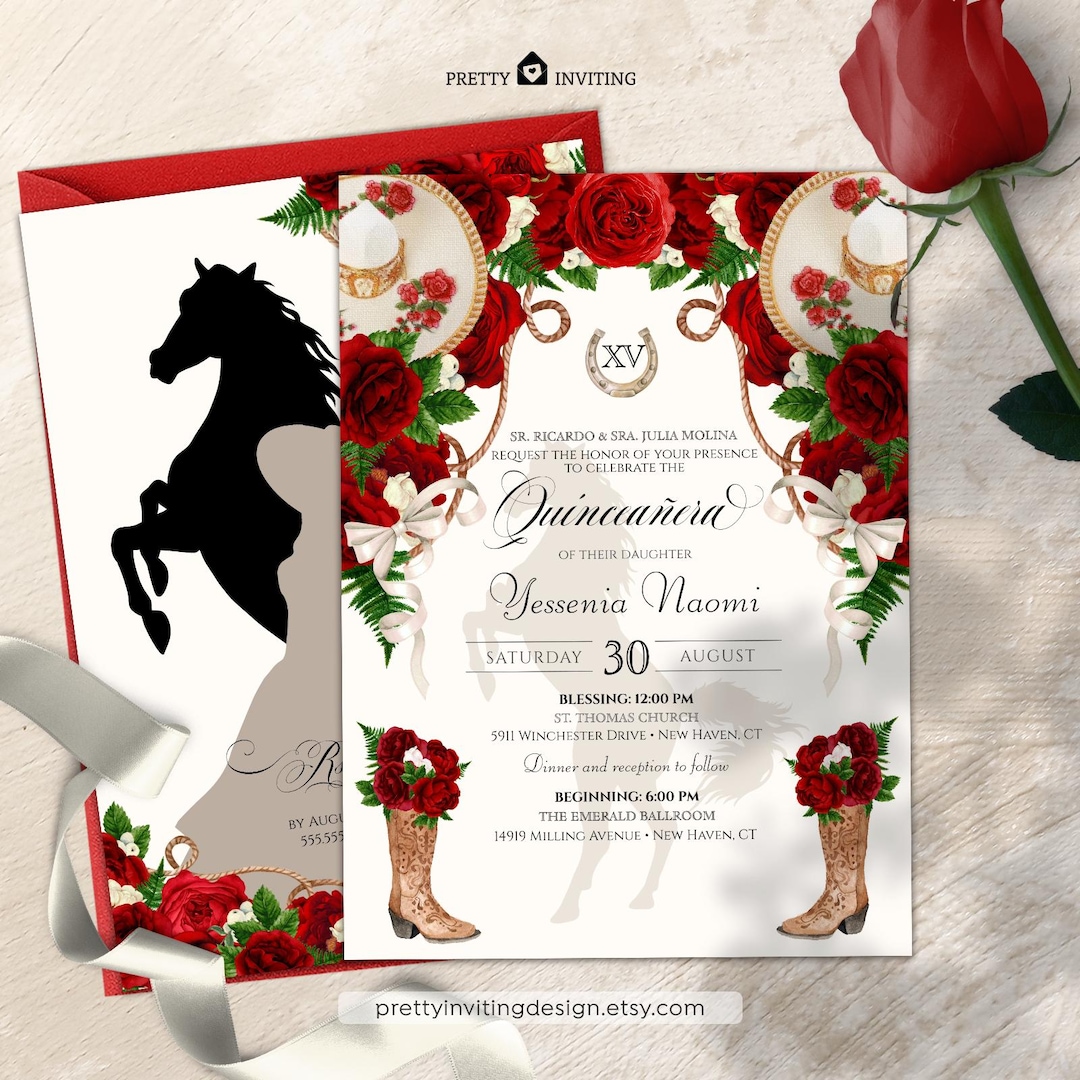 Mariachi White and Red Charro Elegant Floral Quince Birthday Invite ...