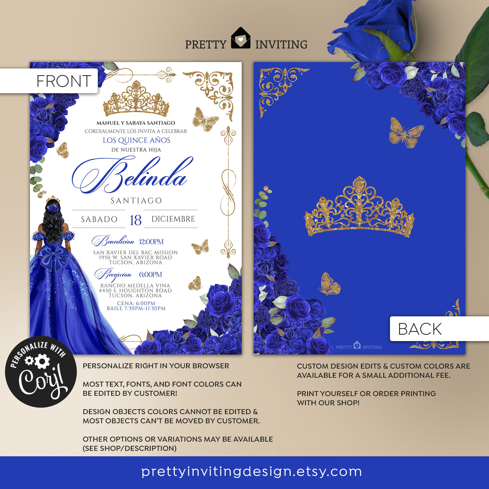 Blue Rose & Gold Butterfly Quinceañera, Luxe Blue Princess 15th ...