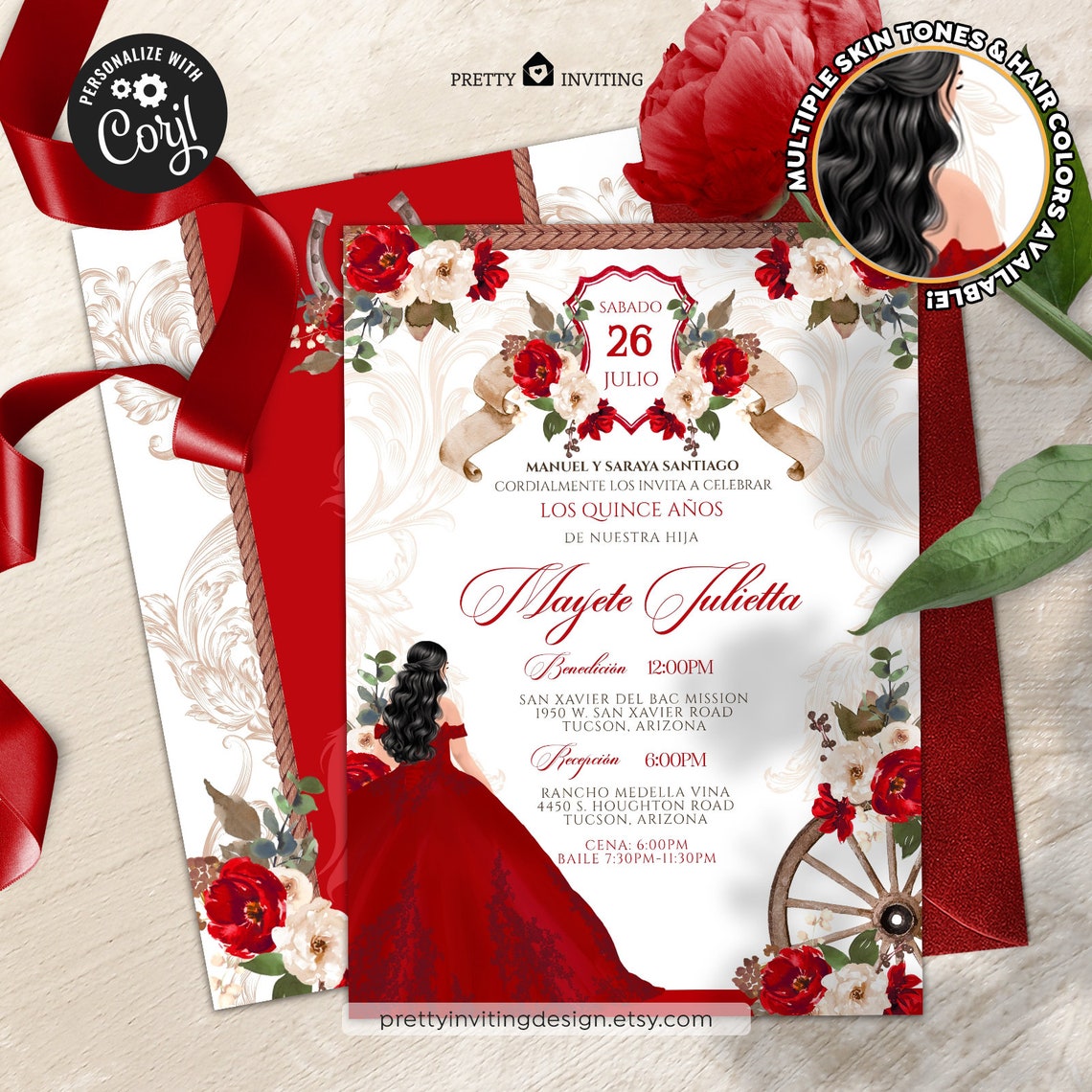 Red Charro Quinceanera Invitation, Red Western Quince, Ruby Red Floral ...
