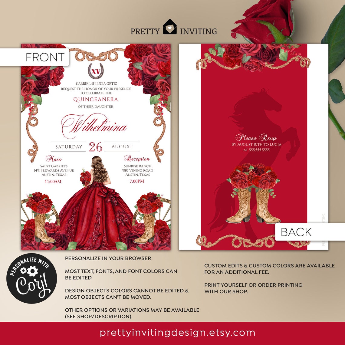 Elegant Red Charro Quinceañera Invitation, Red Rose Charra Western ...