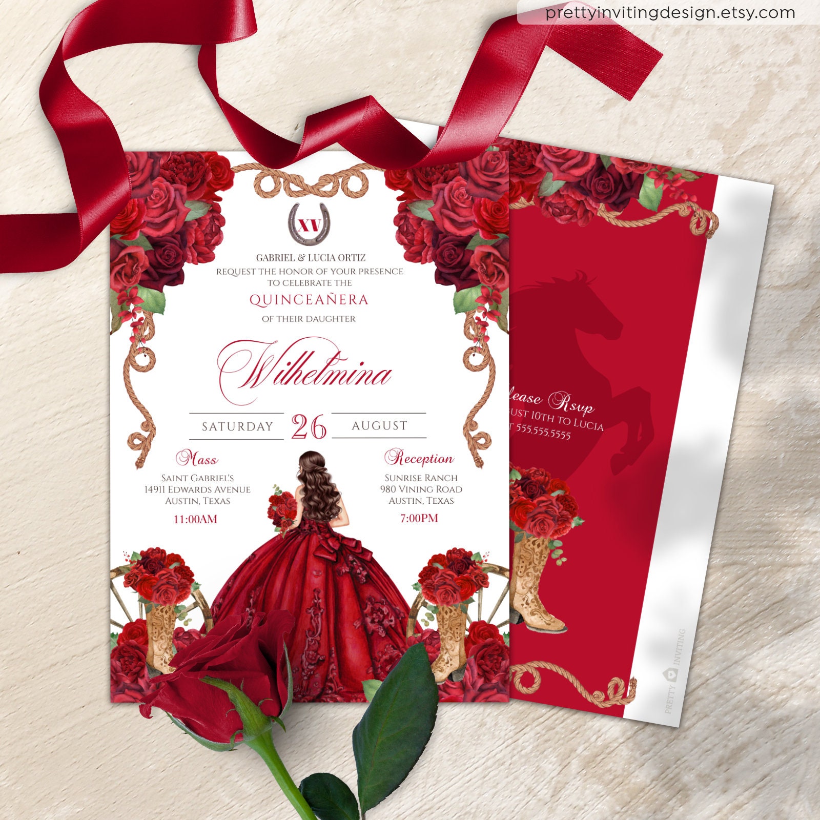 Elegant Red Charro Quinceañera Invitation, Red Rose Charra Western ...