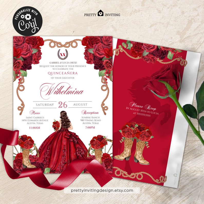 Elegant Red Charro Quinceañera Invitation, Red Rose Charra Western ...