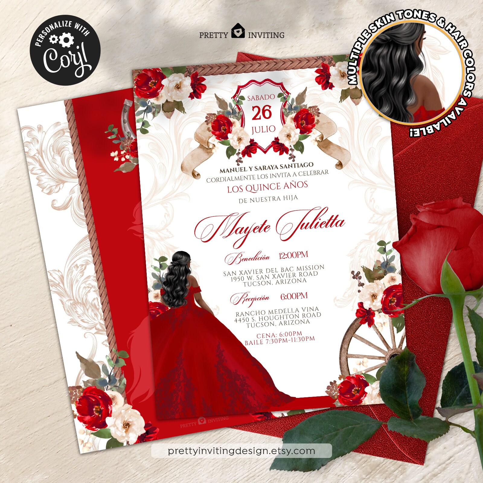 Red Charro Quinceanera Invitation, Red Western Quince, Ruby Red Floral ...