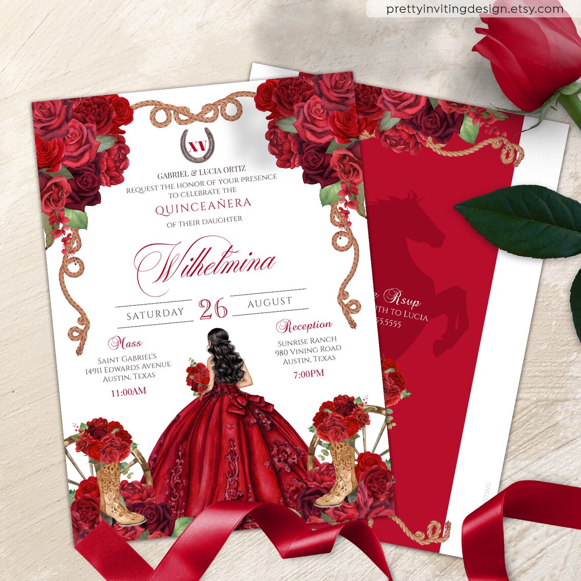 Red Elegant Charro Quinceañera Invitation, Red Charra Western Birthday ...
