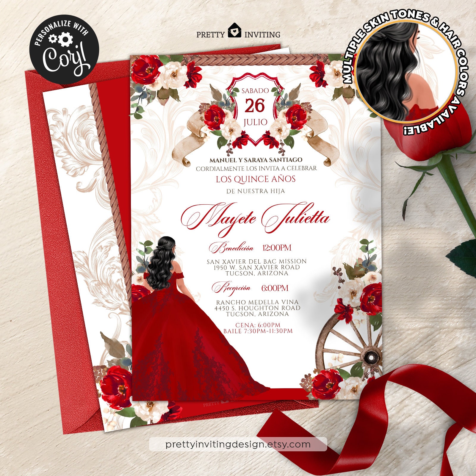Ruby Red Charro Quinceanera Invitation, Red Western Quince, Red Floral ...