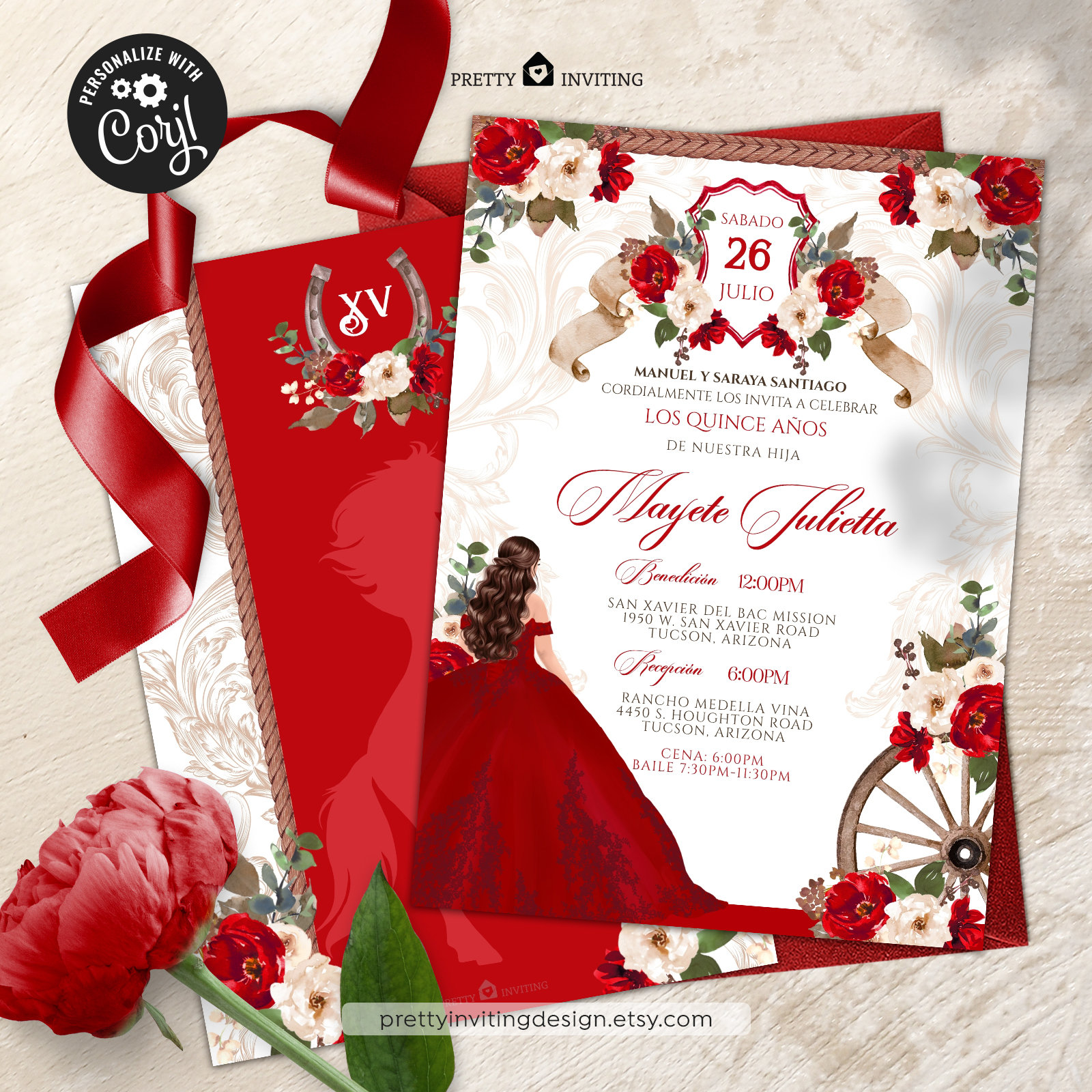 Red Charro Quinceanera Invitation, Red Western Quince, Ruby Red Floral ...