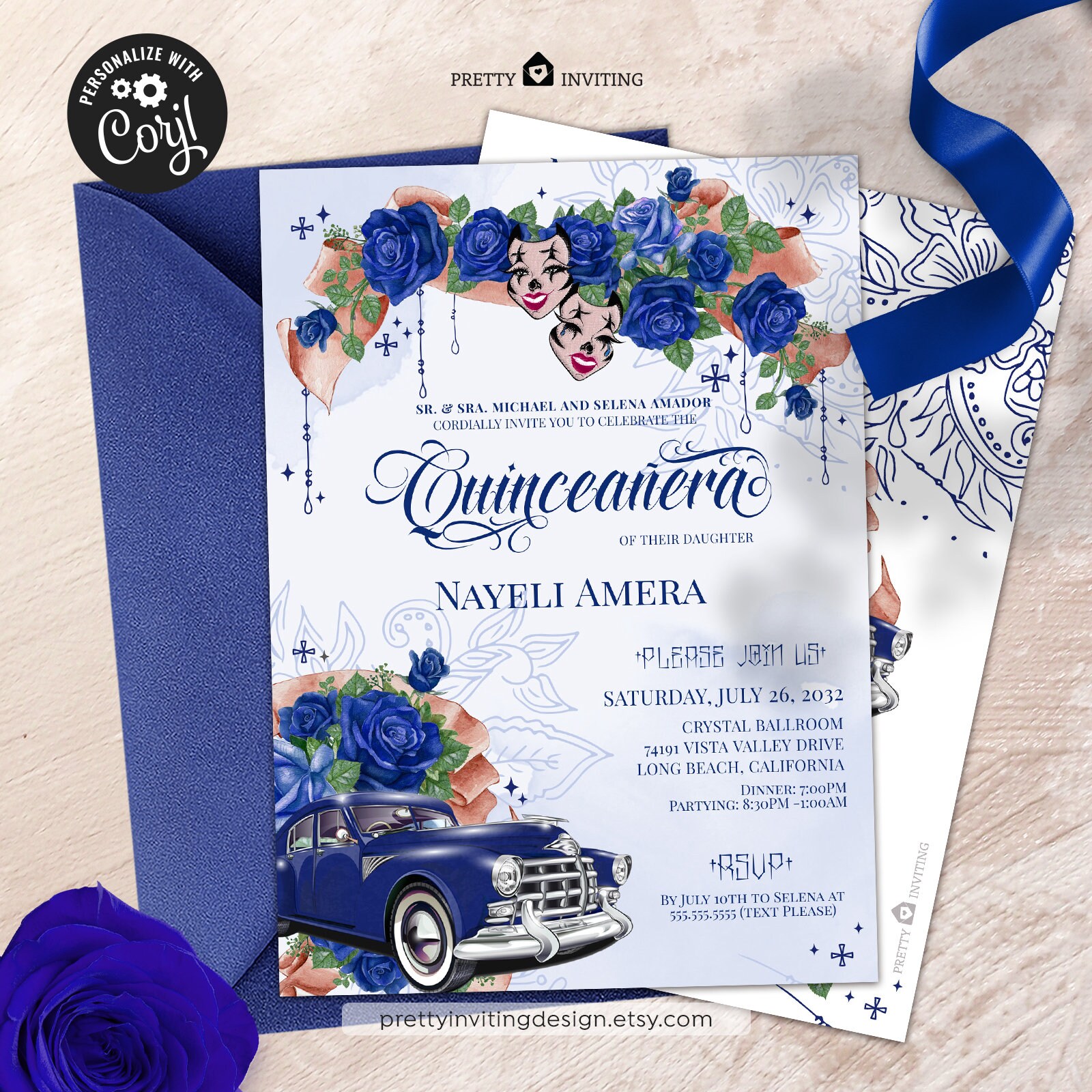 Oldies Lowrider Quince Invite Pachuco Quinceanera Chicana Blue Classic Car Chola Quinceañera