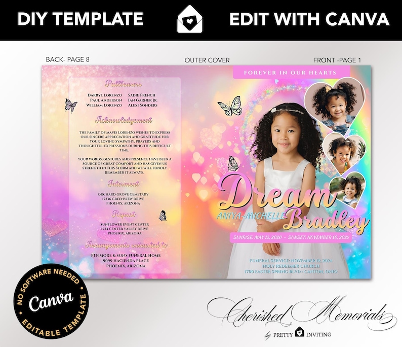 Pastel Rainbow Child Funeral Memorial Program Template, 8 Page Tabloid ...