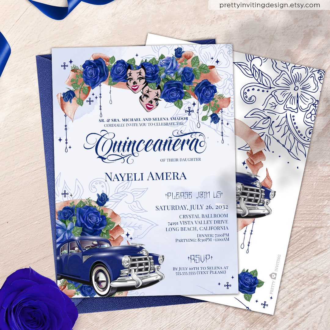 Oldies Lowrider Quince Invite, Pachuco Quinceanera, Chicana, Blue ...