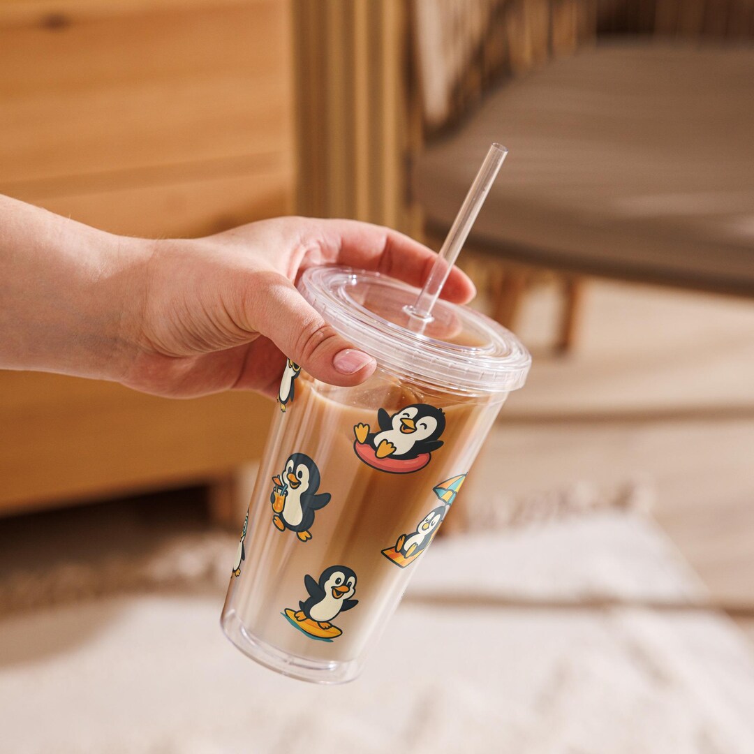 Penguin Tumbler • 16 Oz Iced Coffee Cup • Clear Travel Cup With Straw ...