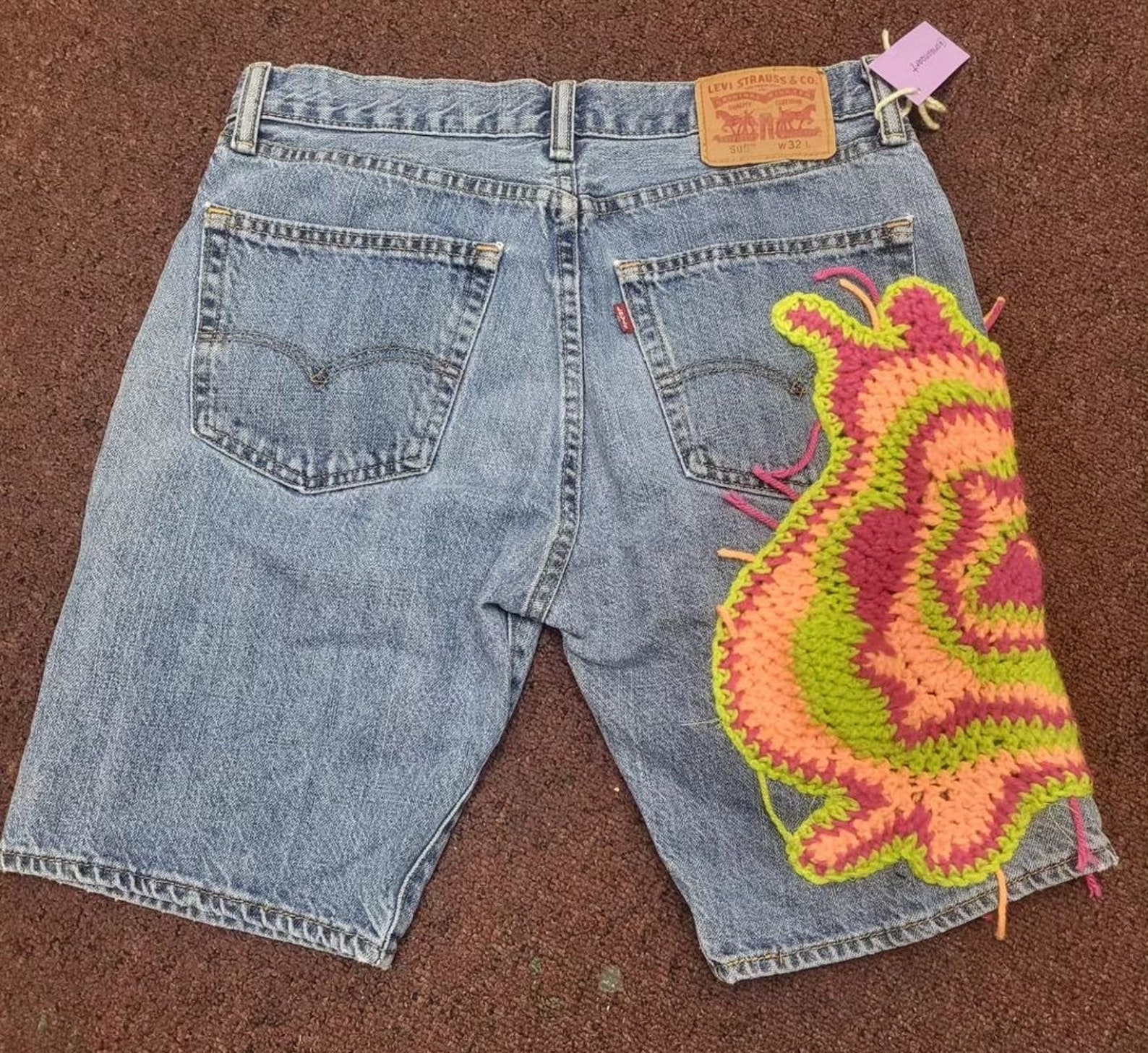 Free Form Crochet Neon Cell Blob Shorts Levi's 32W Jorts Hand Sewn ...