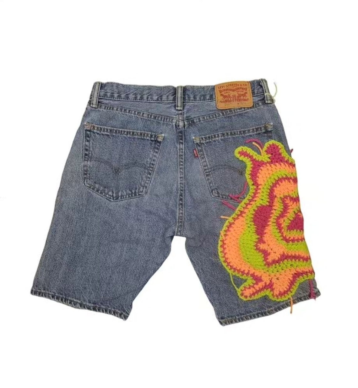 Free Form Crochet Neon Cell Blob Shorts Levi's 32W Jorts Hand Sewn ...