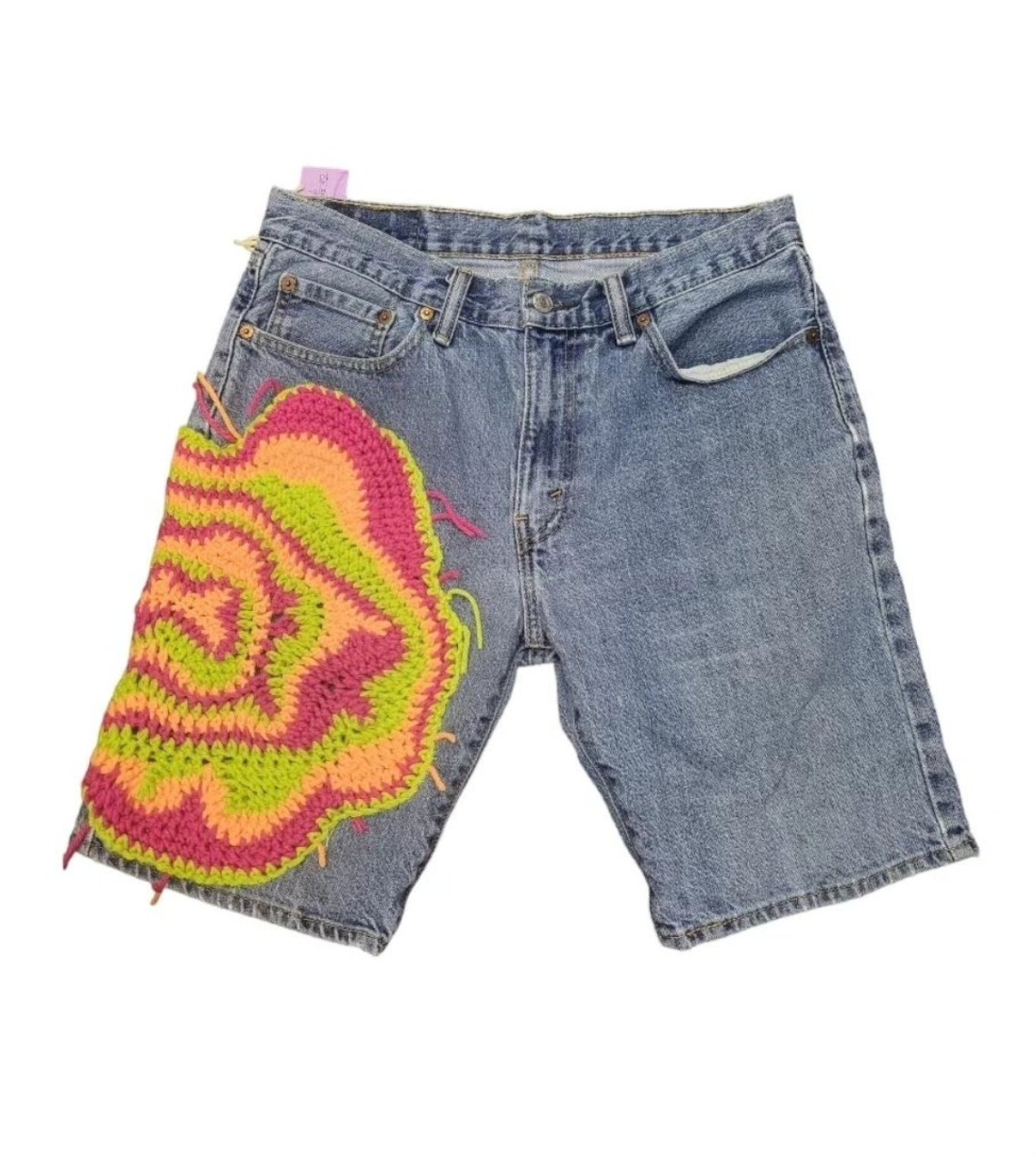 Free Form Crochet Neon Cell Blob Shorts Levi's 32W Jorts Hand Sewn ...