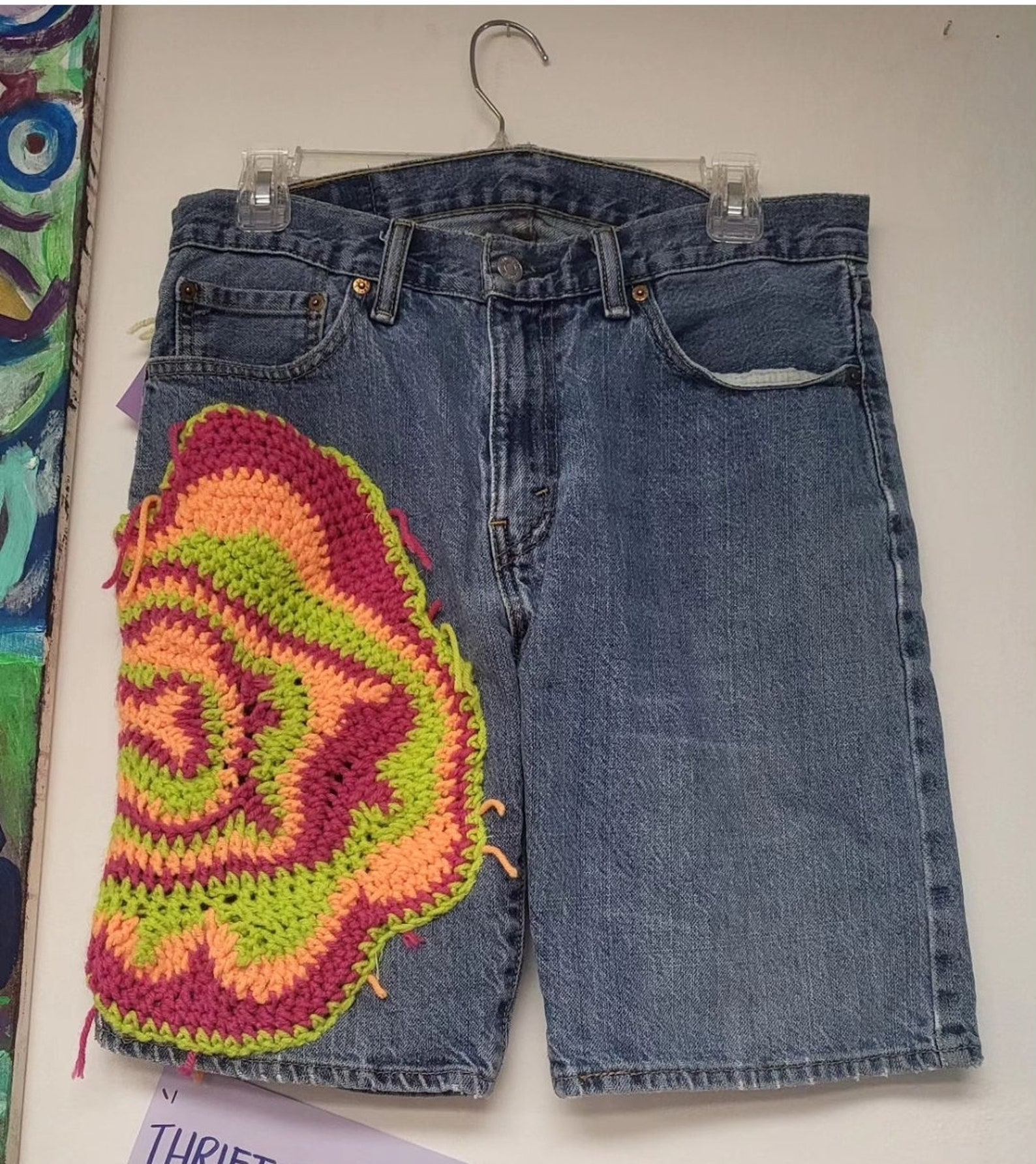 Free Form Crochet Neon Cell Blob Shorts Levi's 32W Jorts Hand Sewn ...