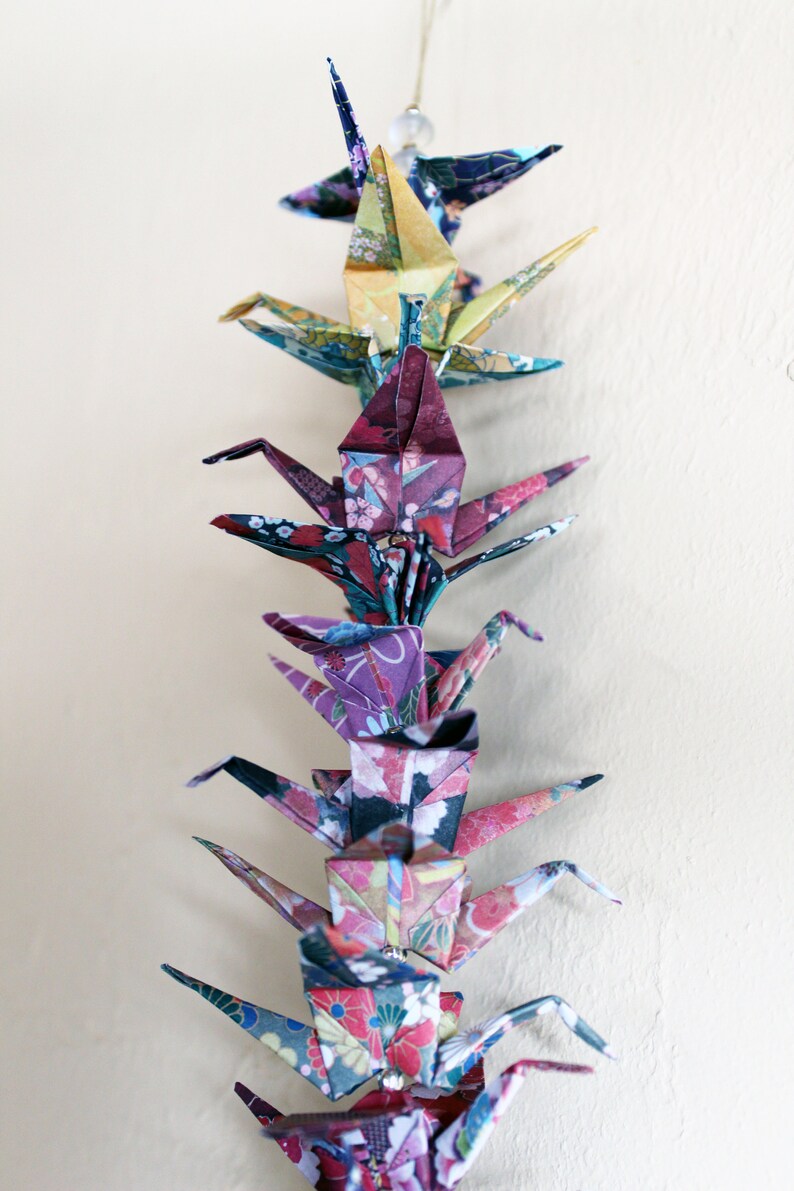 Hanging Origami Paper Cranes With Washi Paper & Iridescent Beads - Etsy