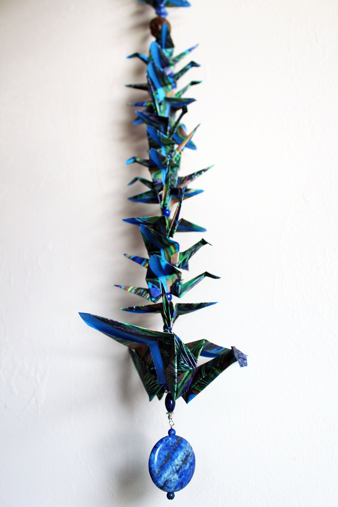 Peacock and Lapis Hanging Origami Paper Crane Strand With Lapis Lazuli ...