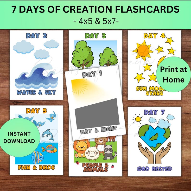 Days of Creation Bible Story Flashcards, Sunday School Christian ...