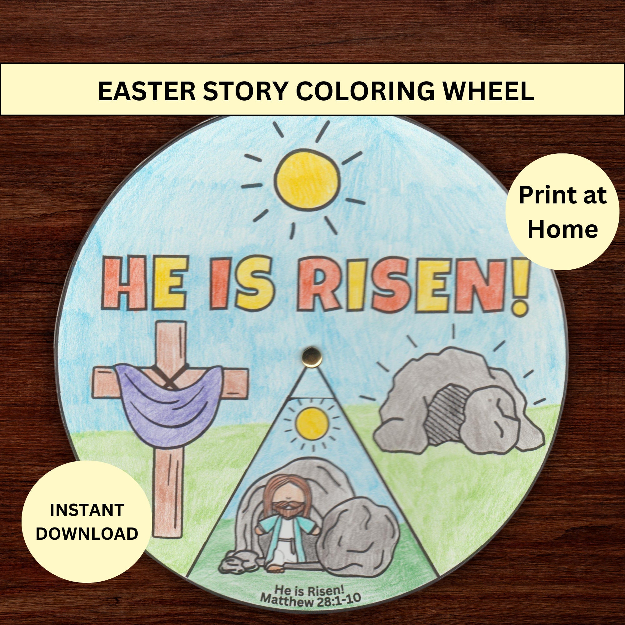 Easter Sunday School Craft, He is Risen Bible Story Coloring Wheel ...