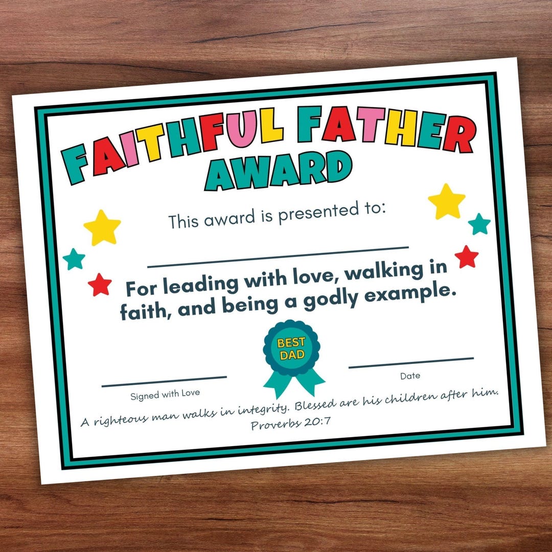 Faithful Father Award Certificate Printable for Christian Dad, Father's ...
