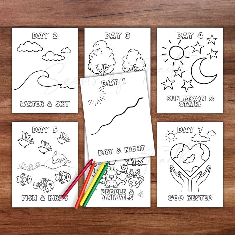 7 Days of Creation Bible Story Coloring Poster Pages for Kids Sunday ...