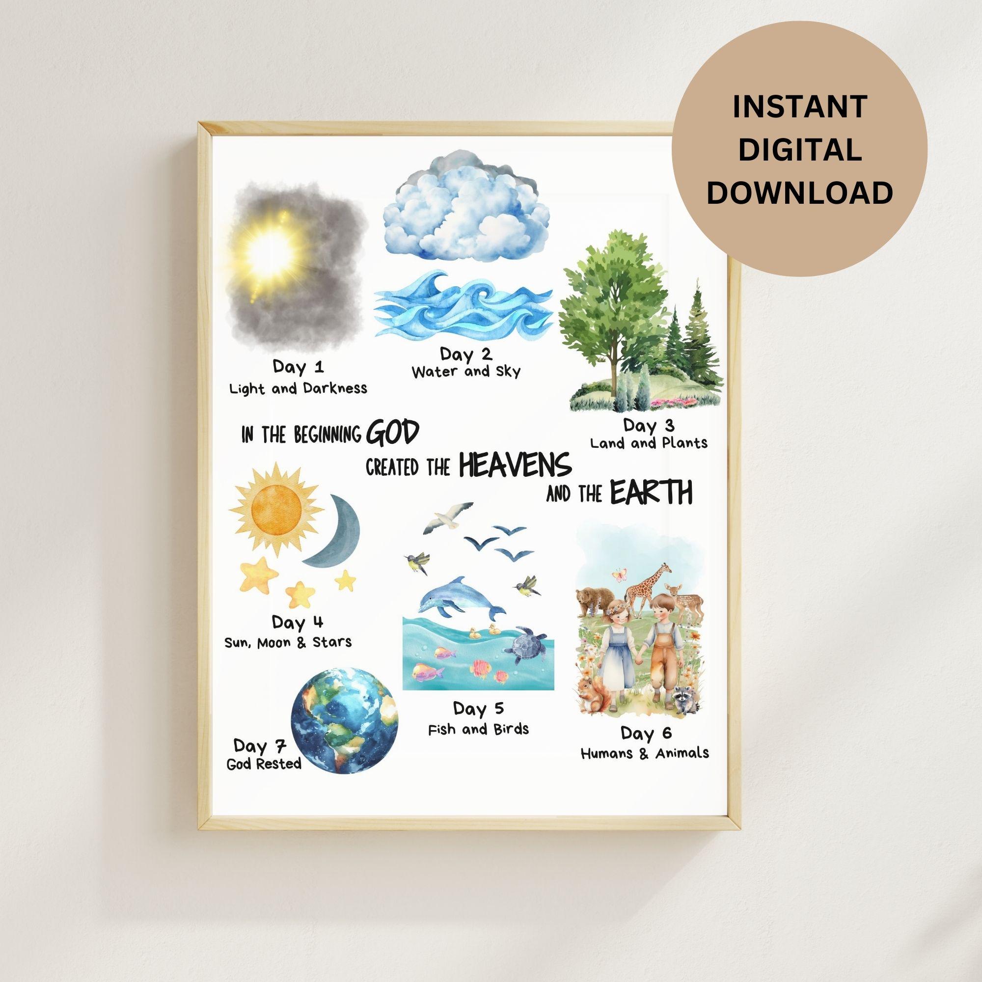 7 Days of Creation Genesis Sunday School Poster, Kids Christian Bible ...