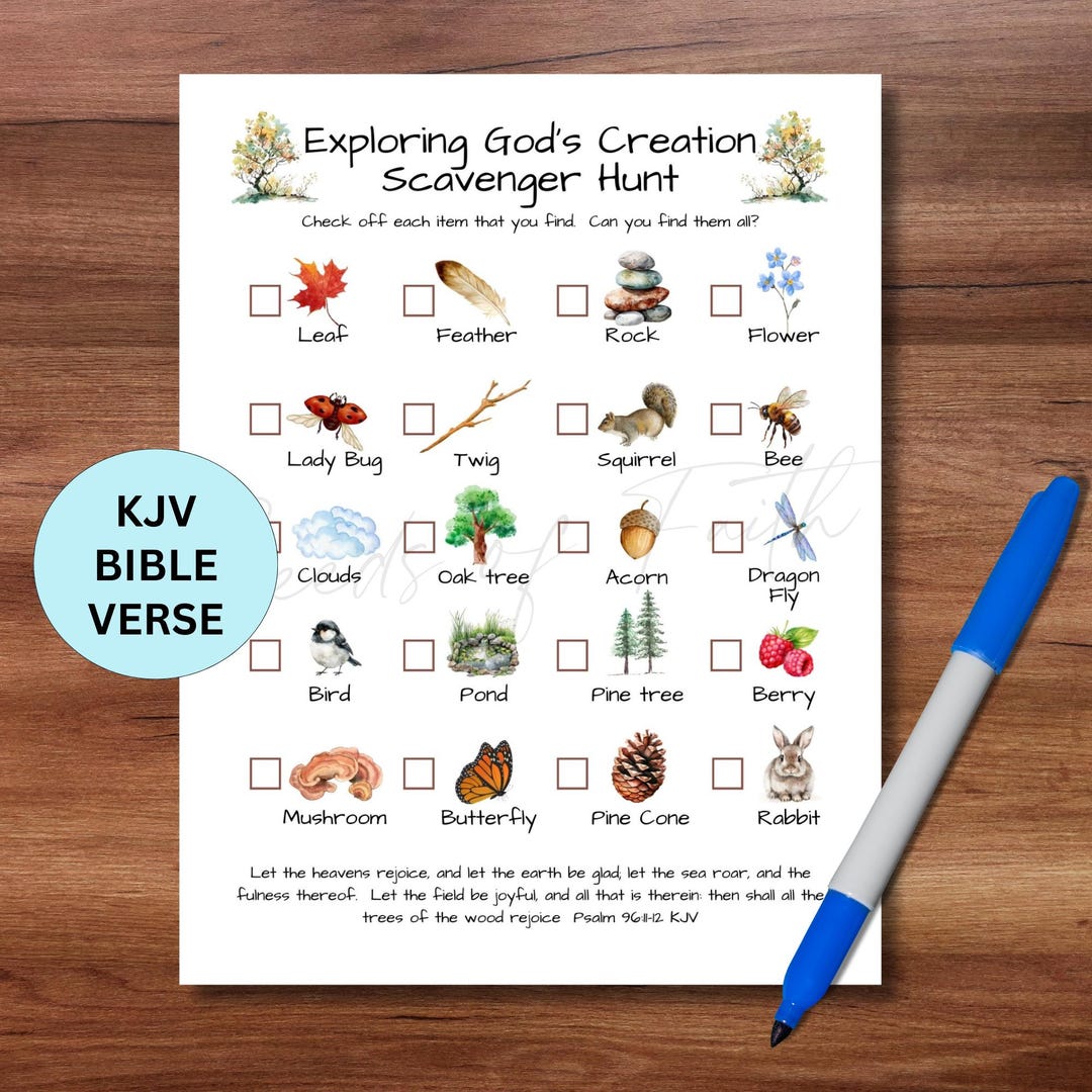 Scavenger Hunt Nature Walk KJV Bible Lesson for Kids, Exploring Gods ...