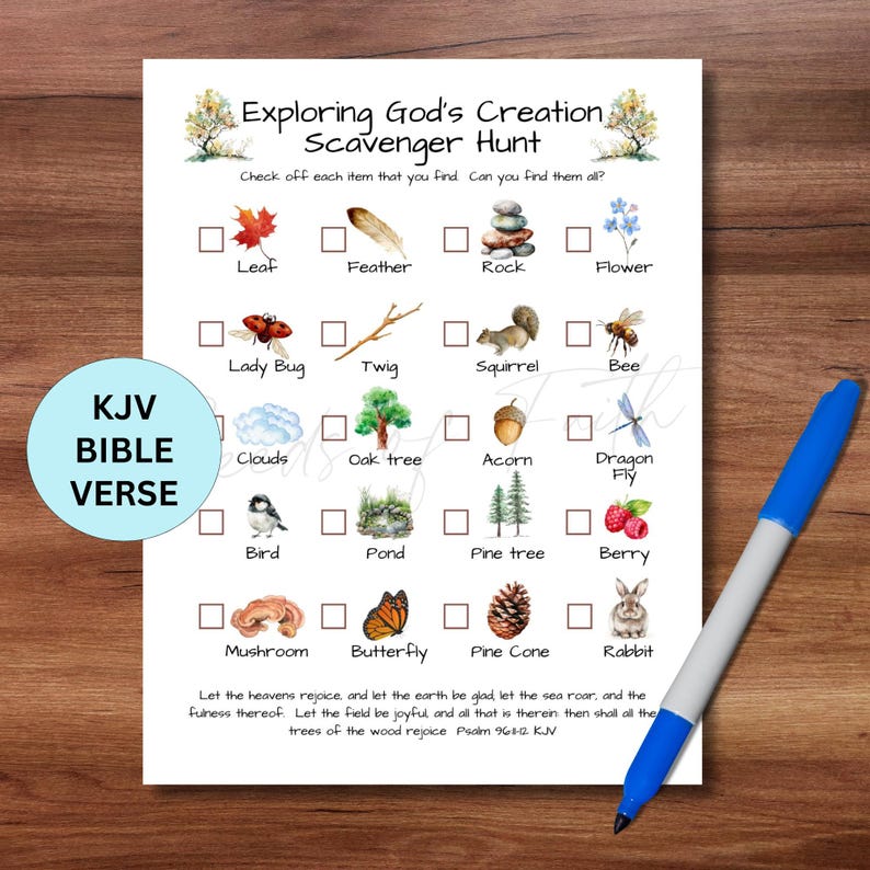 Scavenger Hunt Nature Walk KJV Bible Lesson for Kids, Exploring Gods ...