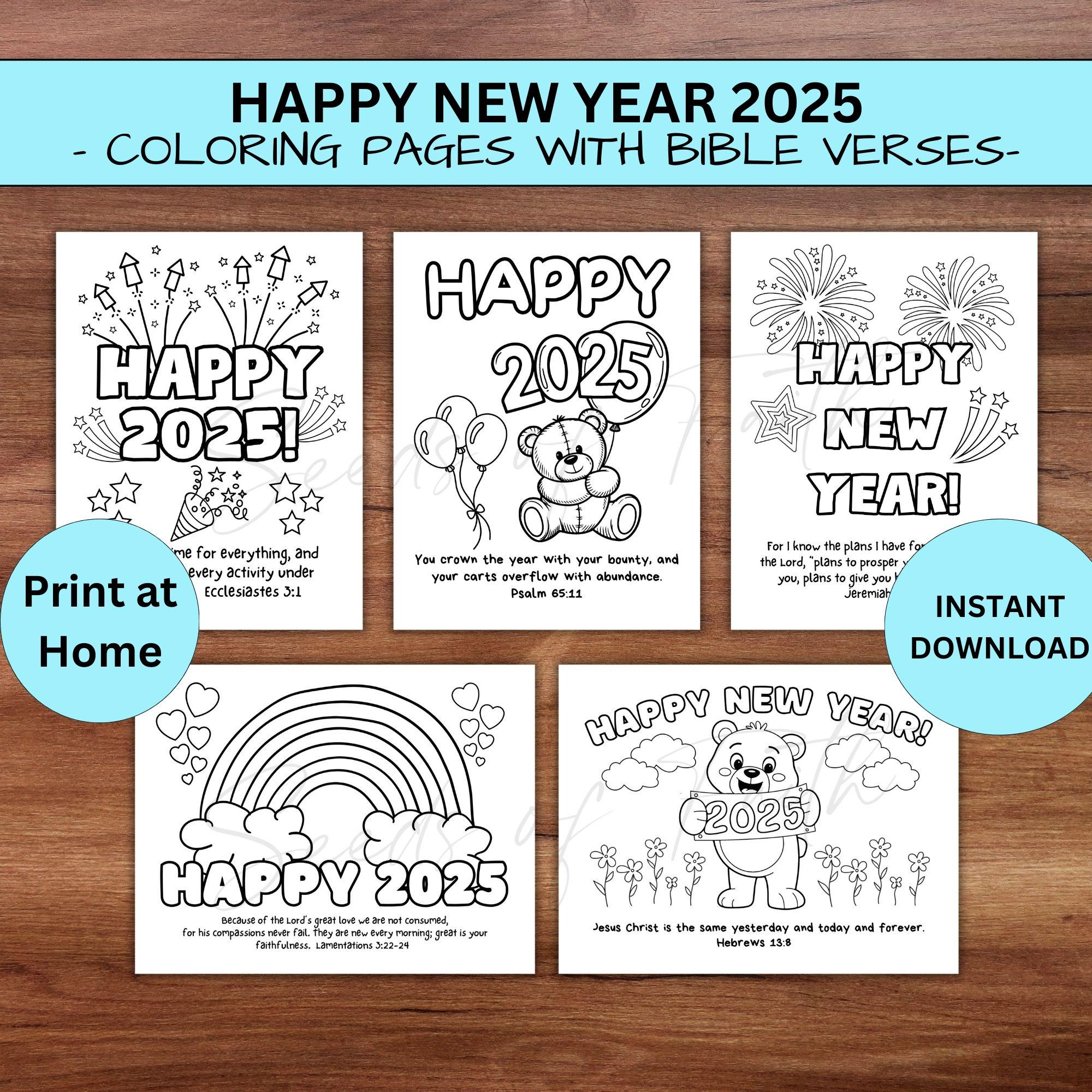 2025 Happy New Year Christian Coloring Pages for Kids With Bible Verse ...