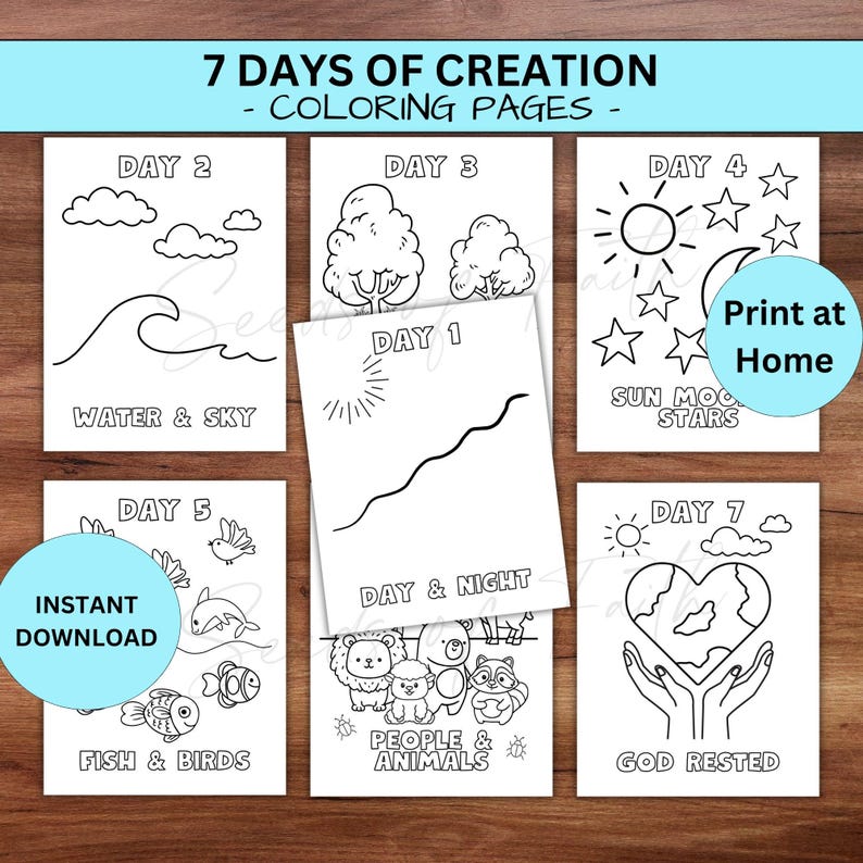 7 Days of Creation Bible Story Coloring Poster Pages for Kids Sunday ...
