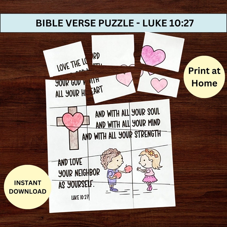 Bible Verse Puzzle Printable for Kids Luke 10:27, Sunday School Craft ...