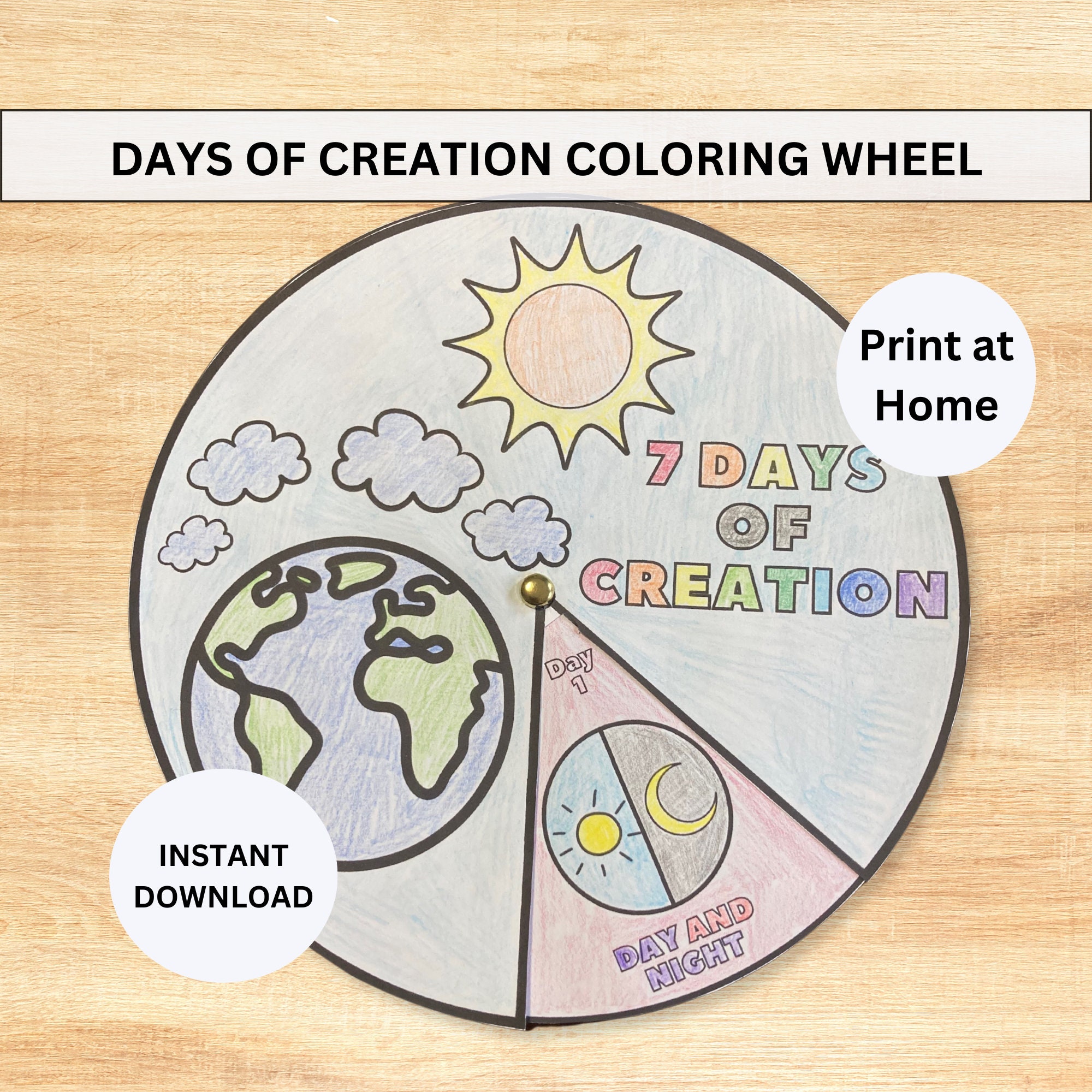 Days of Creation Coloring Wheel, Printable Bible Activity, Sunday ...