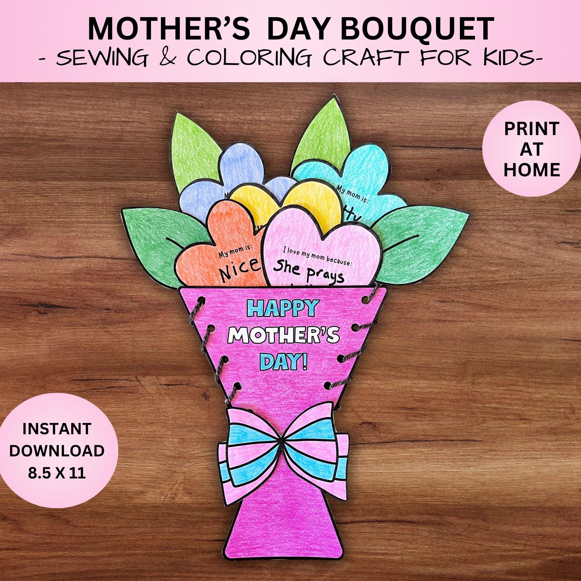 Mother's Day Flower Bouquet Coloring Sewing Craft for Kids, I Love My ...