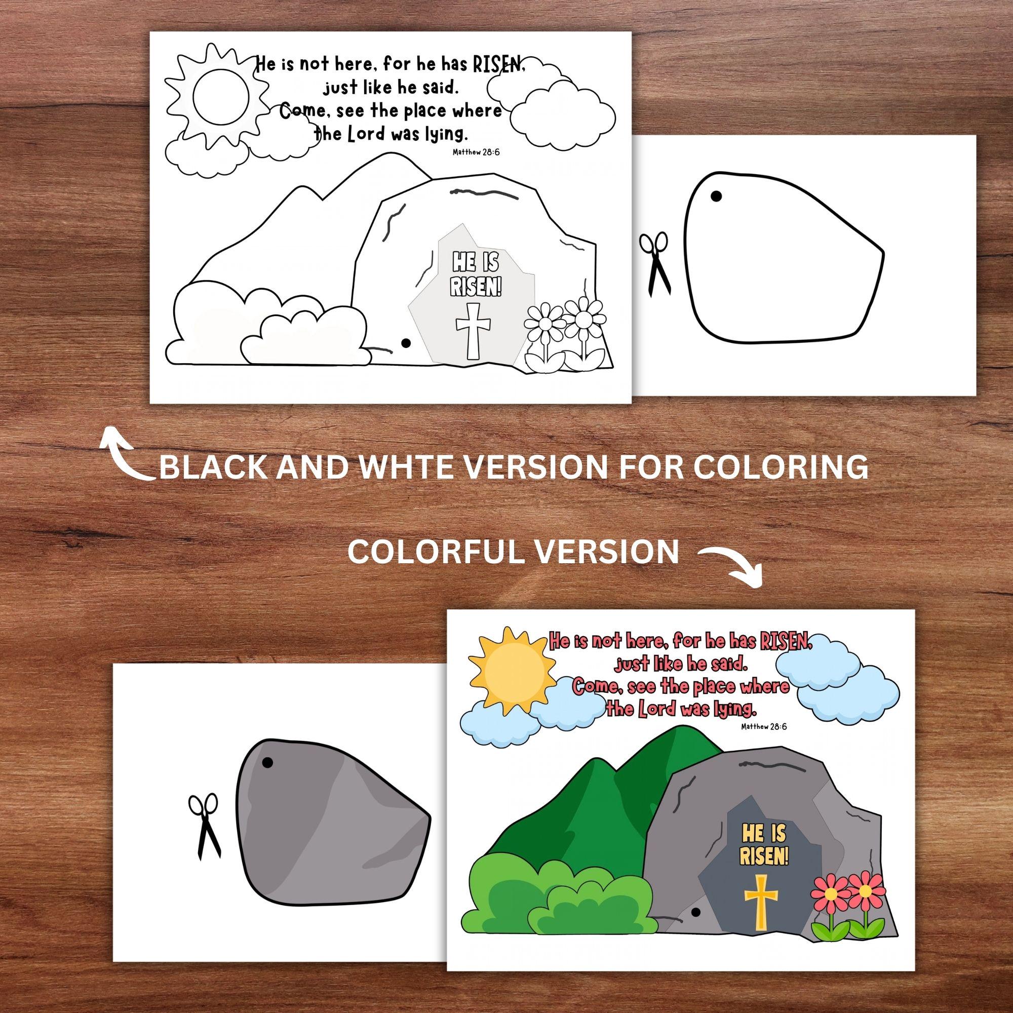 Christian Easter Sunday School Bible Coloring Craft, He is Risen Empty ...
