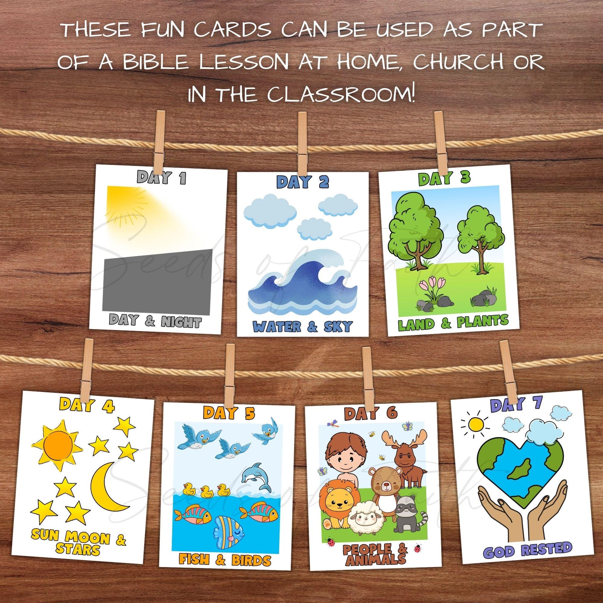 Days of Creation Bible Story Flashcards, Sunday School Christian ...