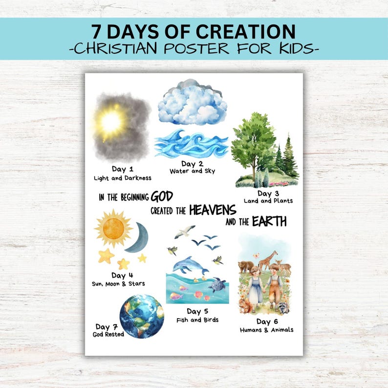 7 Days of Creation Genesis Sunday School Poster, Kids Christian Bible ...