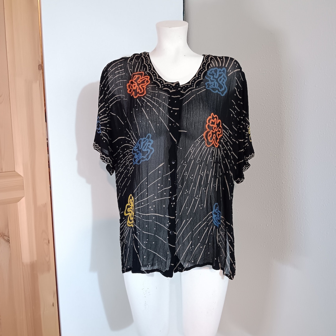 Vintage Classic 90s Boho Pattern Gender Inclusive Black Top 1990s Large ...