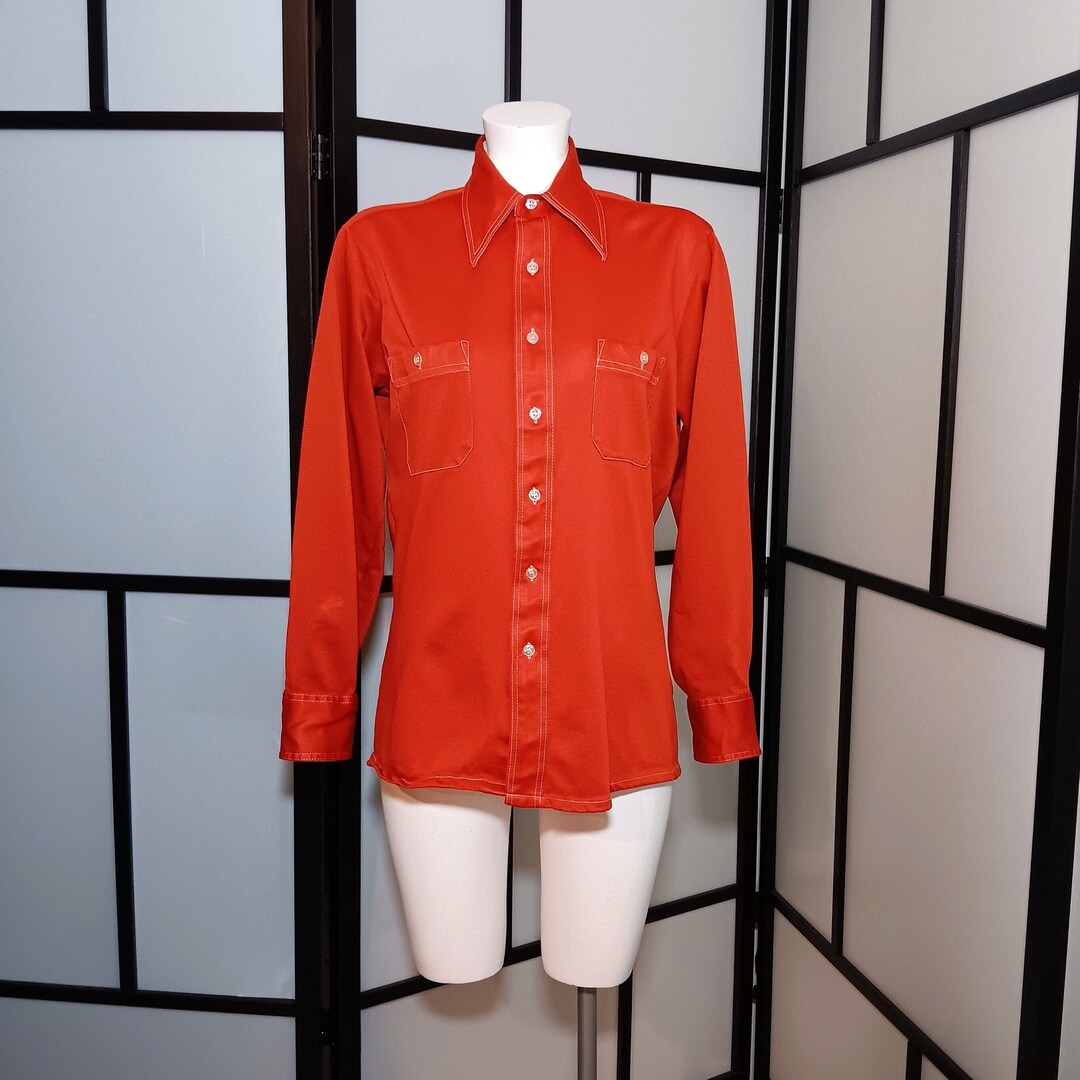 Vintage 70s Orange Gender Neutral Mid Century Mod Disco Shirt 1970s ...
