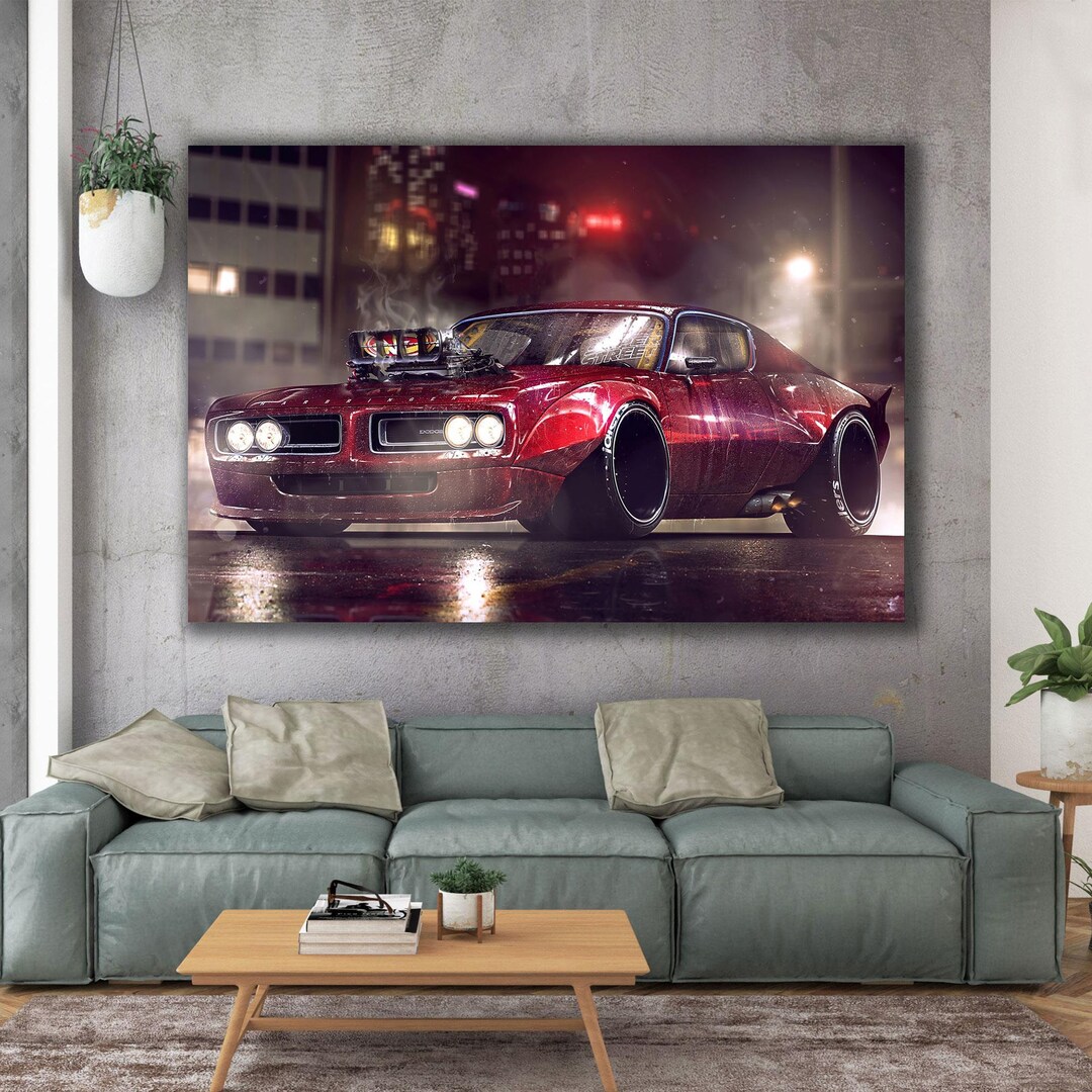 Night City Wall Art, Red Sports Car Canvas Art, Dodge Car Wall Decor ...