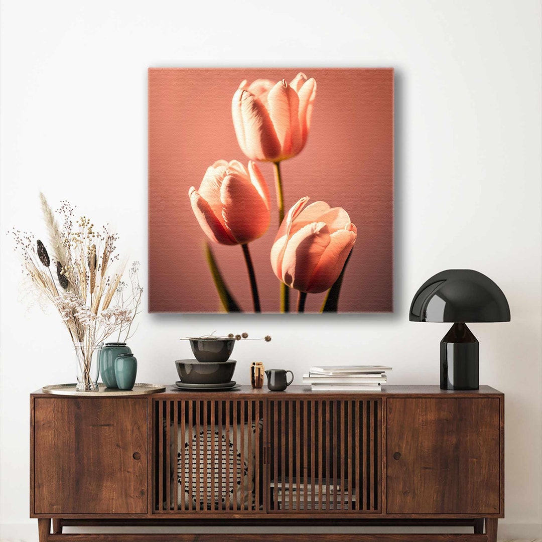 Pink Tulip Wall Art, Floral Nature Canvas Art, Living Room Wall Decor, Roll up Canvas, Stretched ...