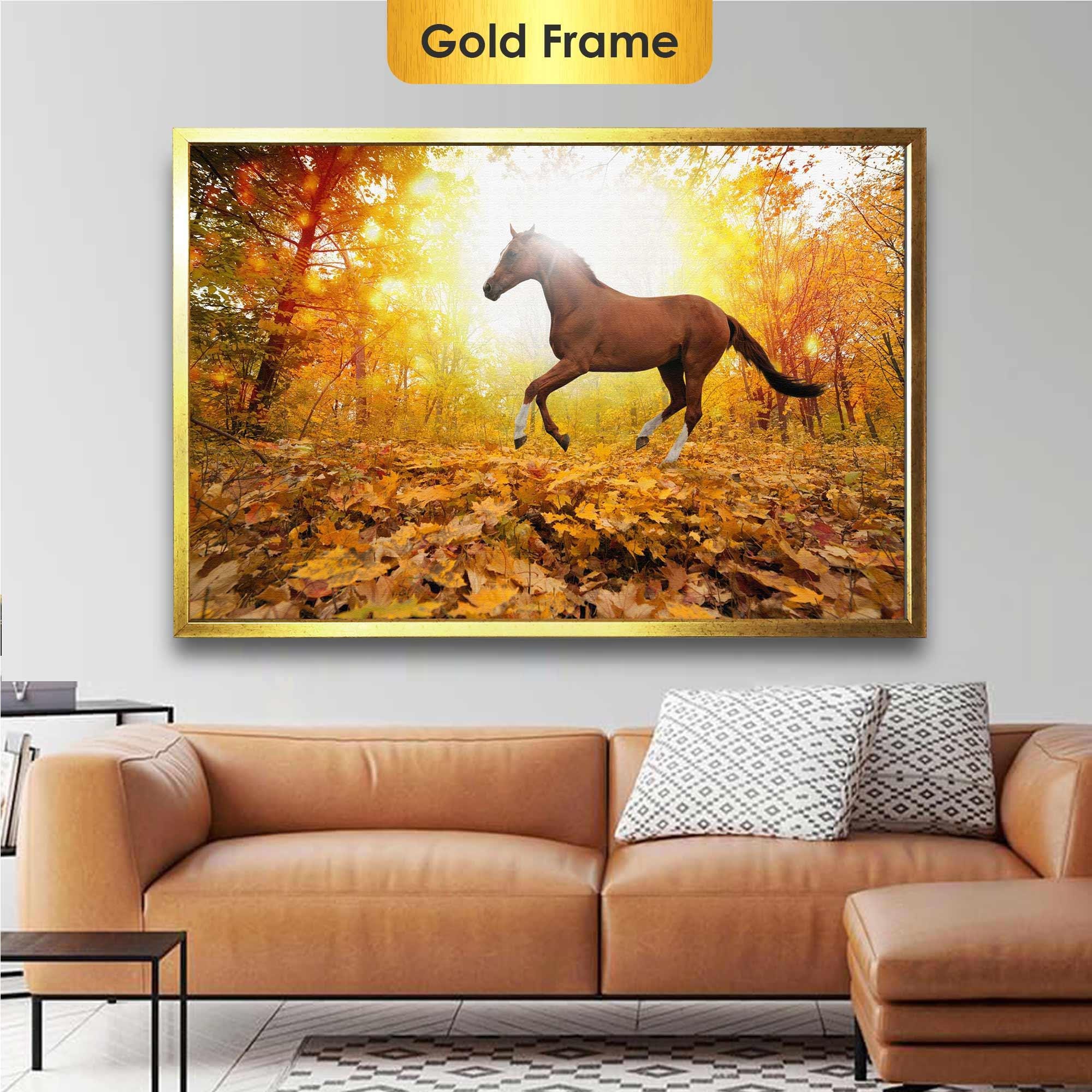 Cheval courant au coucher du soleil Art mural, Forêt en automne Art sur ...