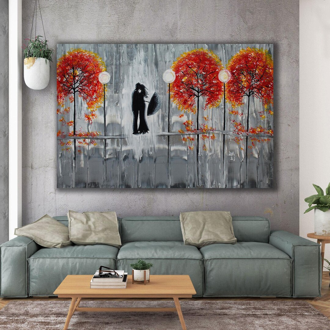 Art mural couple s'embrassant, toile d'art nature automnale, décoration ...