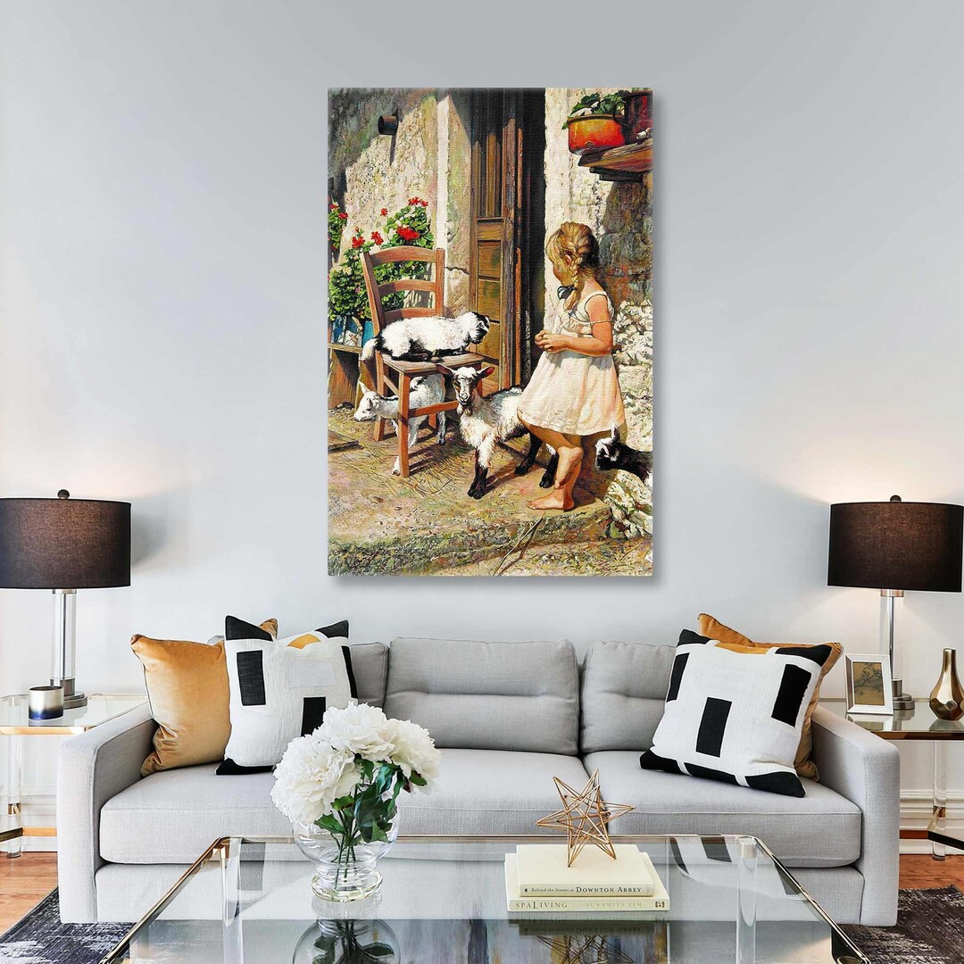 Oeuvre d'art murale fille douce et son agneau, décoration murale de ...