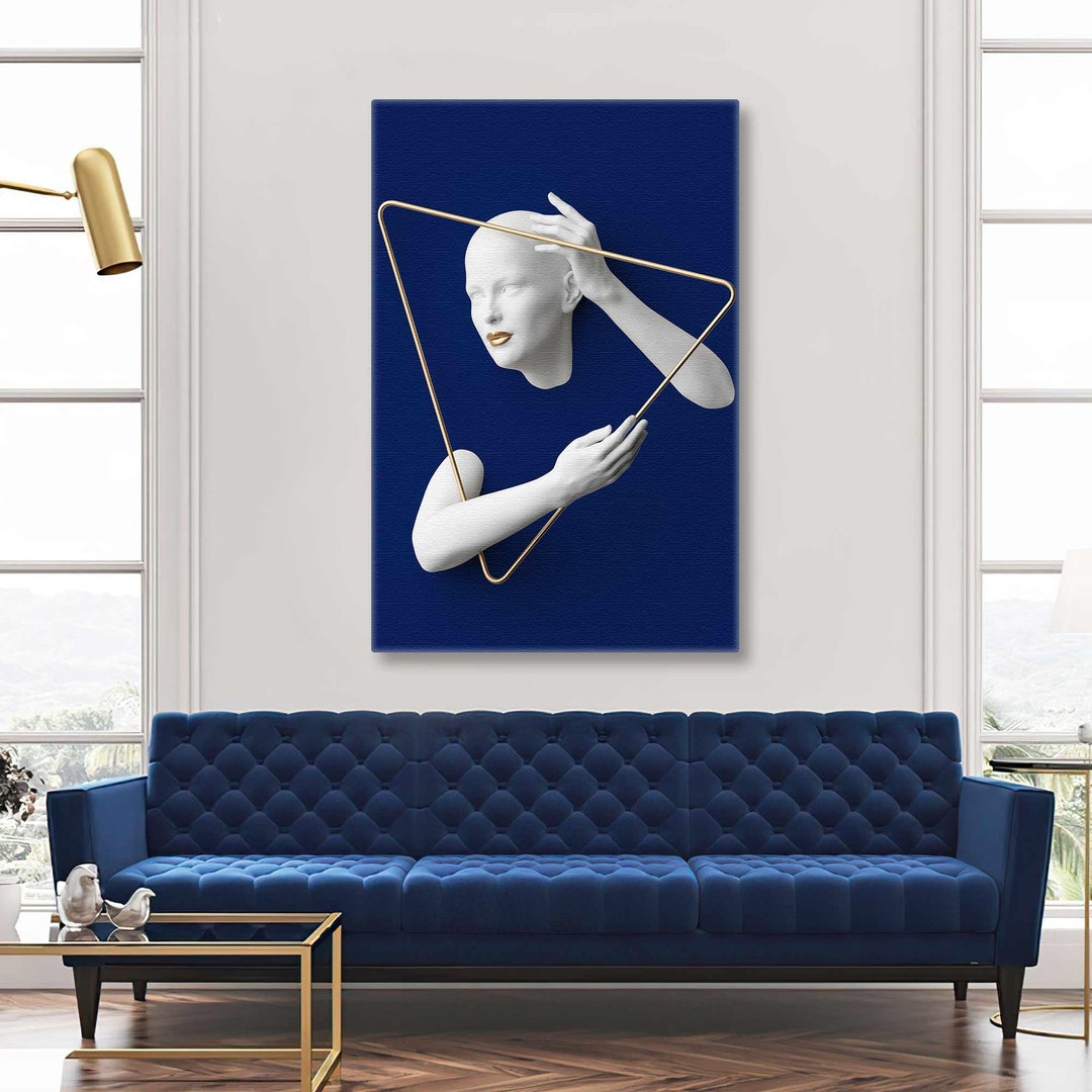 Triangle Wall Art, Sculpture Canvas Art, Gold Detailed Wall Decor, Navy ...