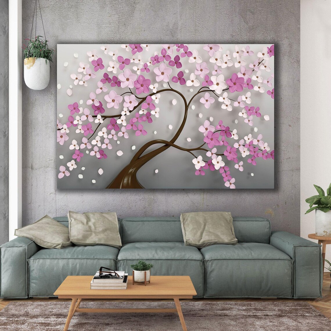 Pink Flower Wall Art, Porcelain Tree Canvas Art, Living Room Wall Decor ...