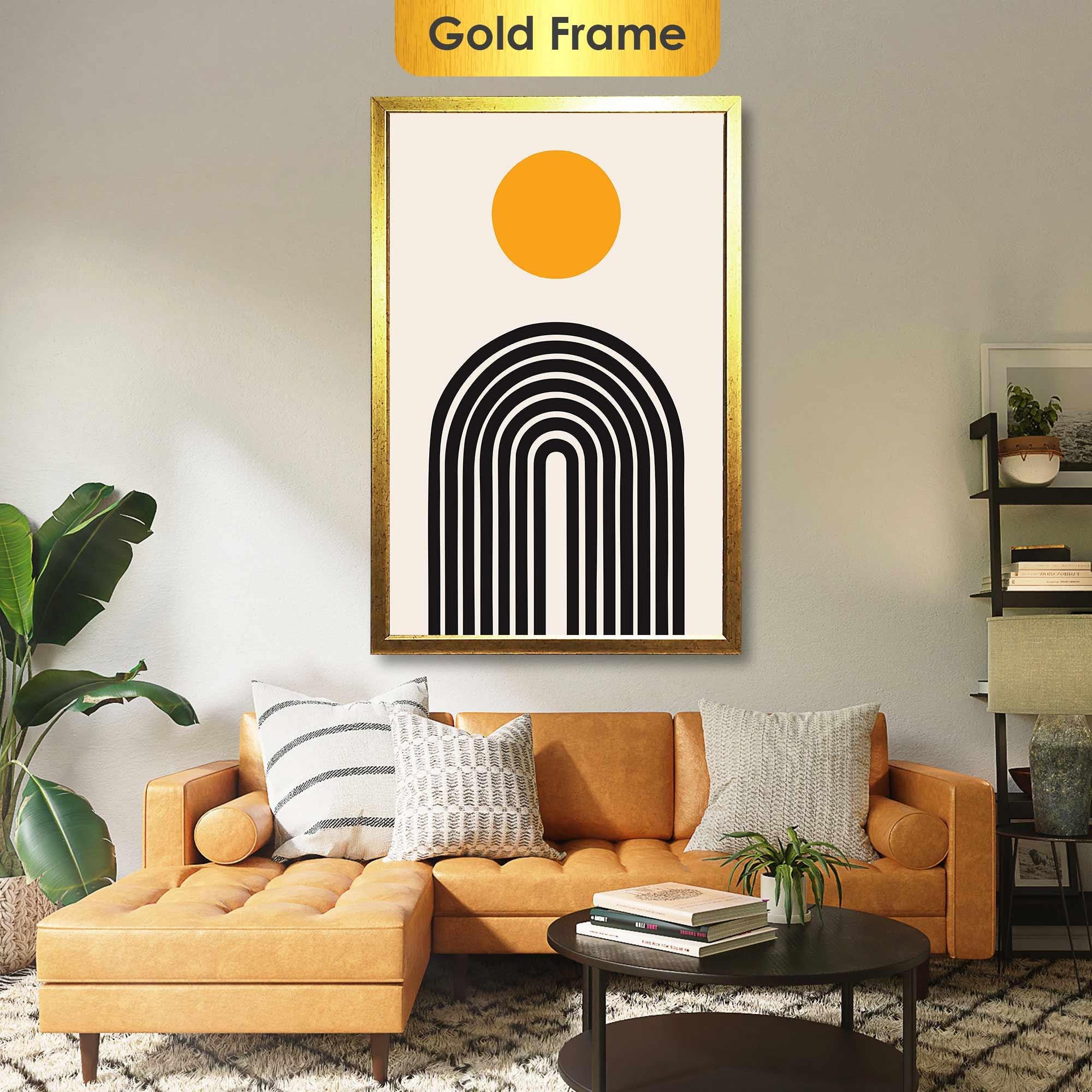 Art mural Mid-Century, Art sur toile ronde jaune, Dessin au trait ...