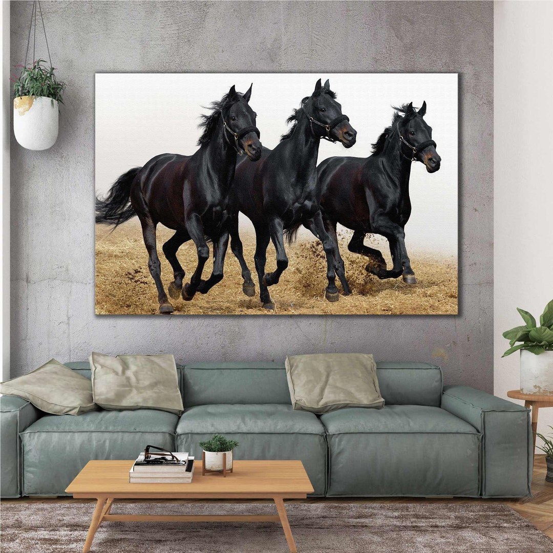 Chevaux noirs qui courent, oeuvre d'art murale, oeuvre d'art sur toile ...